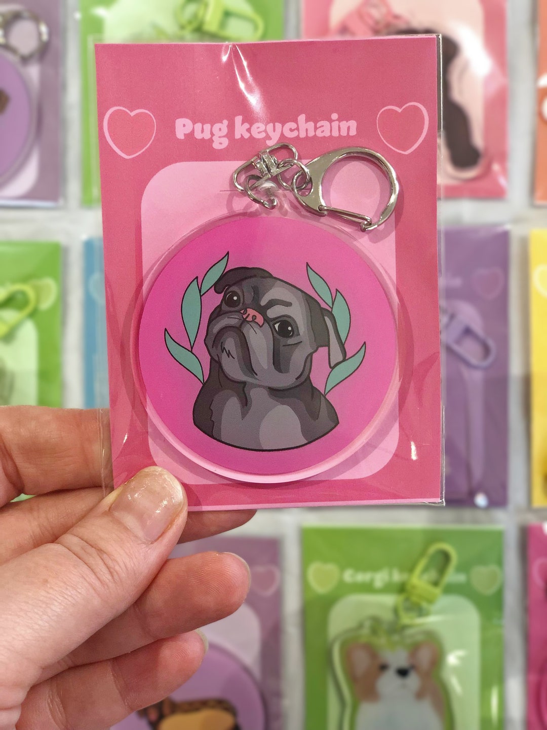 Hot Pink Black Pug Acrylic Keychain- Realistic Animal Lover Keyring ...