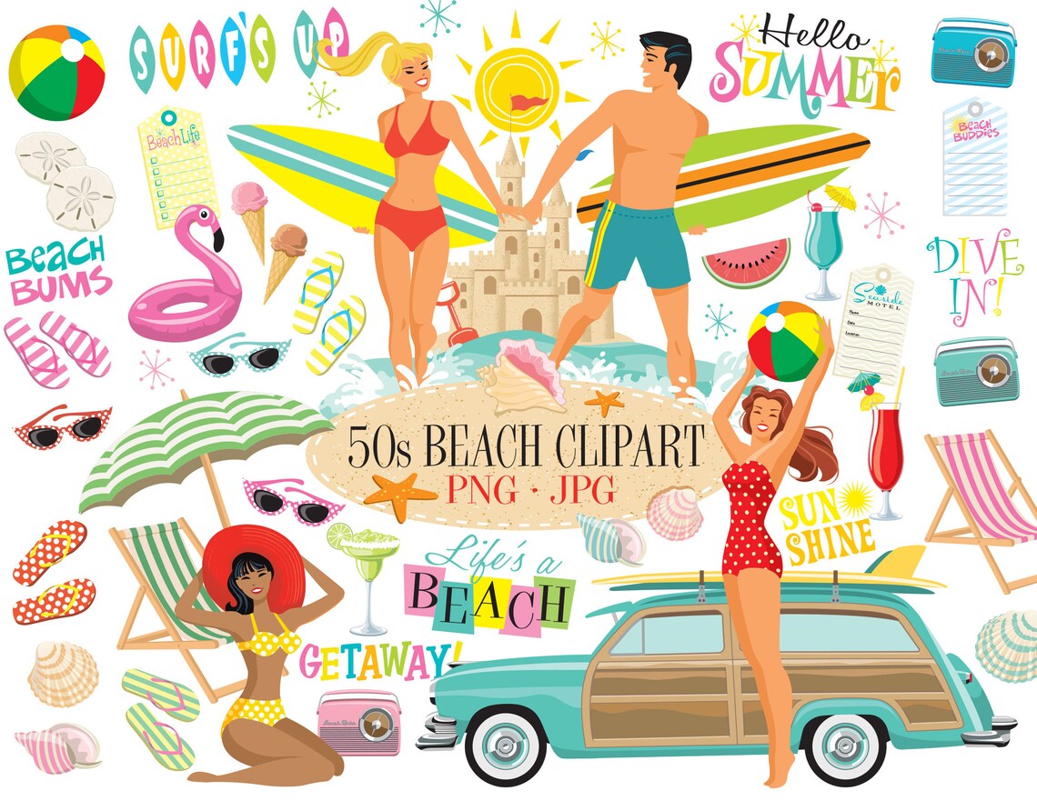 Summer Beach Clipart, Beach Scrapbooking Paper, Retro Pool Party, 50s ...