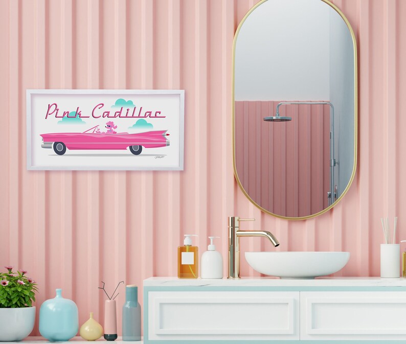 Pink Cadillac Wall Art, 50s Pink Poodle, Mid Century Modern Art Print ...