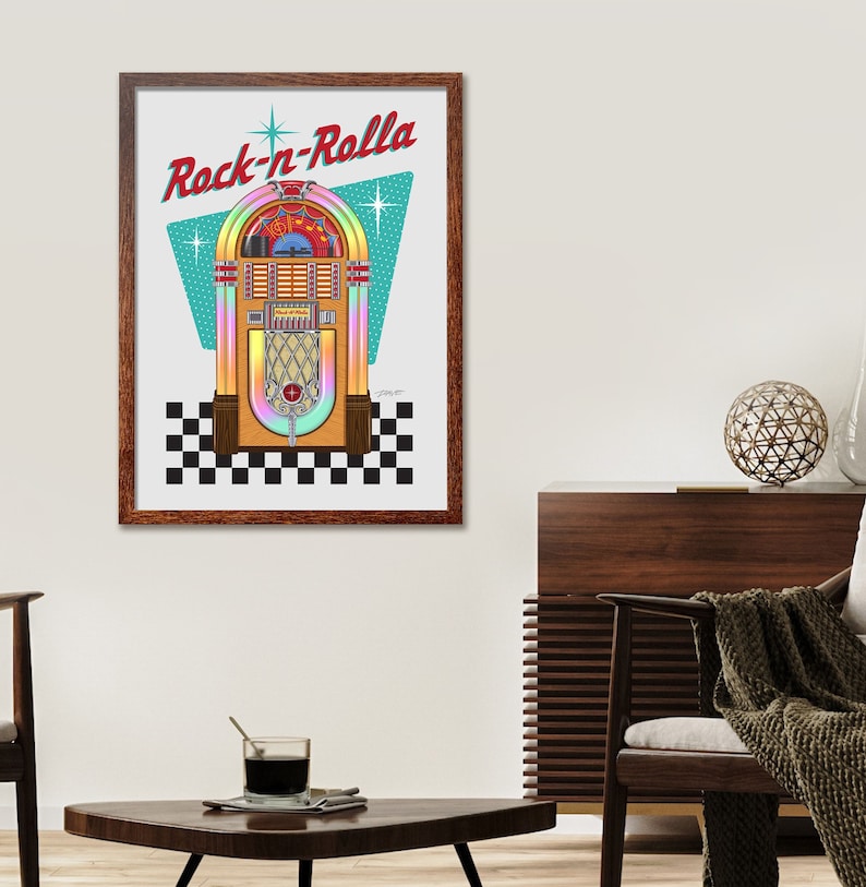 50s Rock & Roll Decor Jukebox Art Print 1950s Party Sock Hop Mid ...