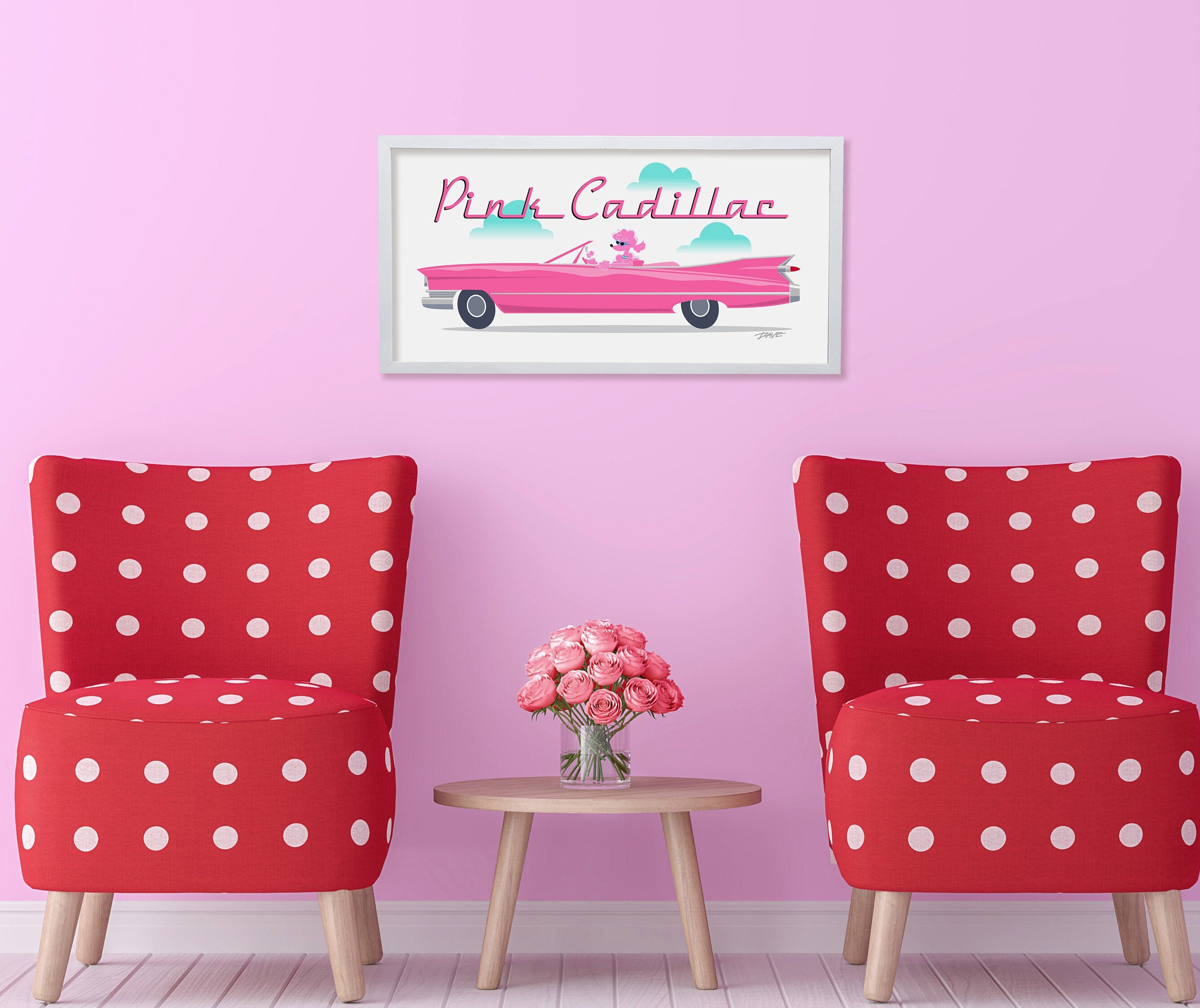Pink Cadillac Wall Art, 50s Pink Poodle, Mid Century Modern Art Print ...