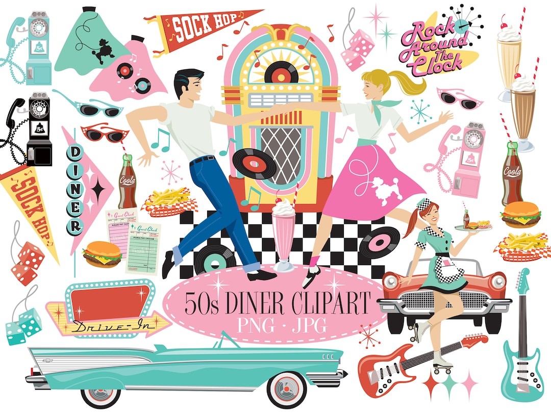 50s Diner Retro Clipart, 1950s Scrapbooking Kit, Mid Century Cars ...