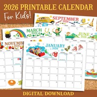 2026 Calendar for Printable Download, Kids Monthly Calendar, Gift for ...