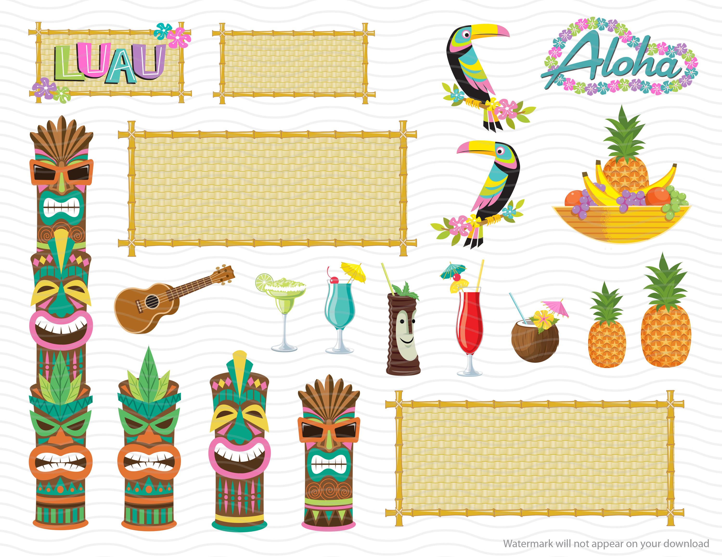 Tiki Luau Clipart, Hawaiian Scrapbooking Kit, Hula Girls, Tiki Bar ...