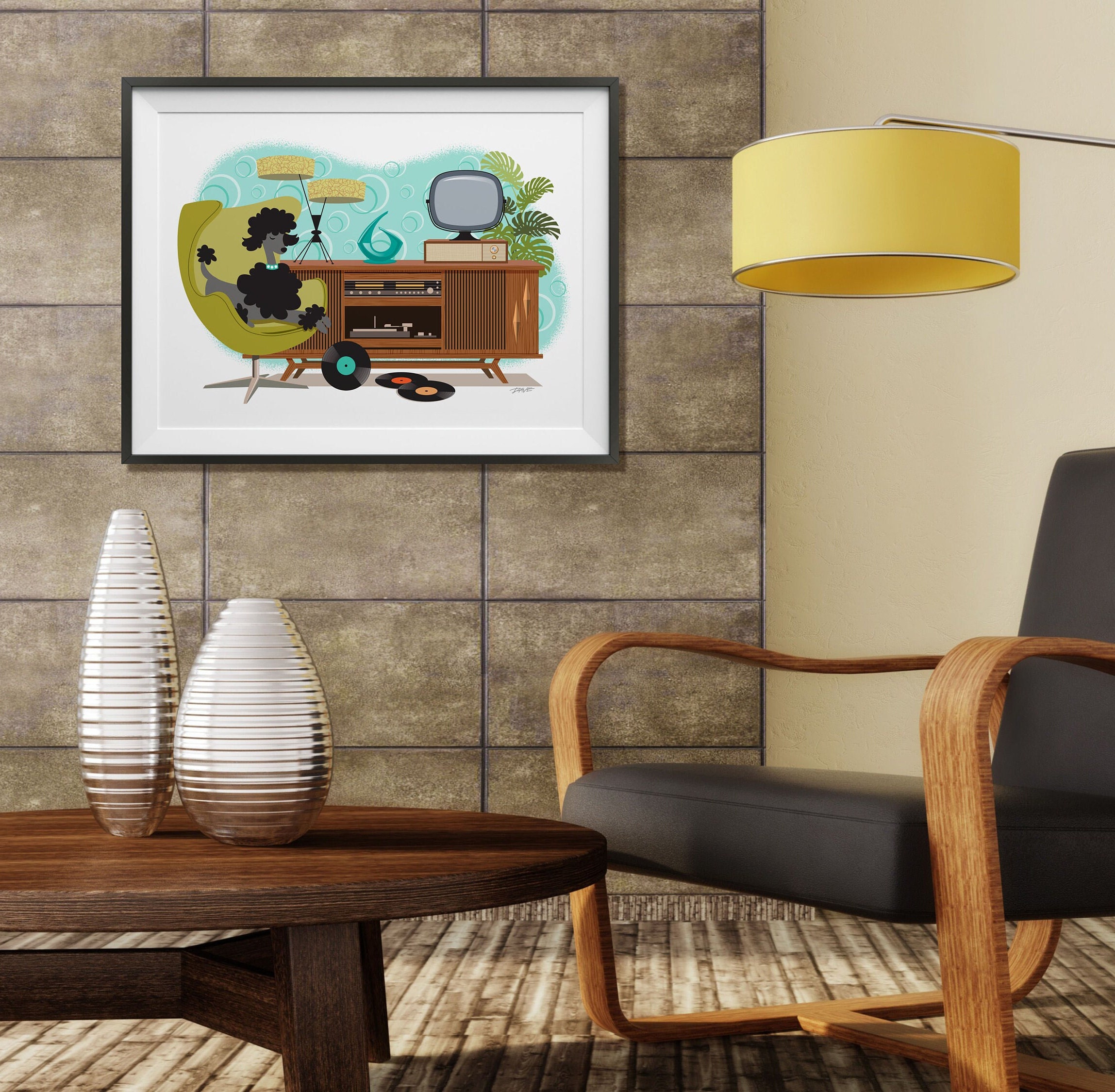 50s Poodle Art Mid Century Modern Vinyl Records Atomic Lamp MCM Console ...