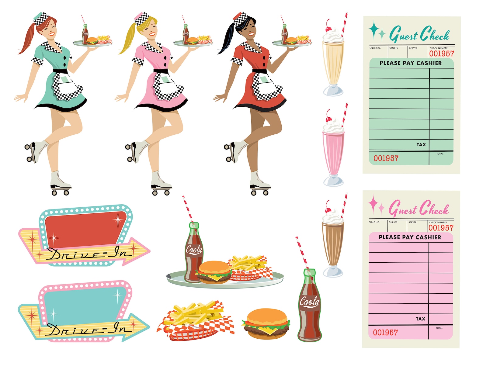 50s Diner Retro Clipart, 1950s Scrapbooking Kit, Mid Century Cars ...