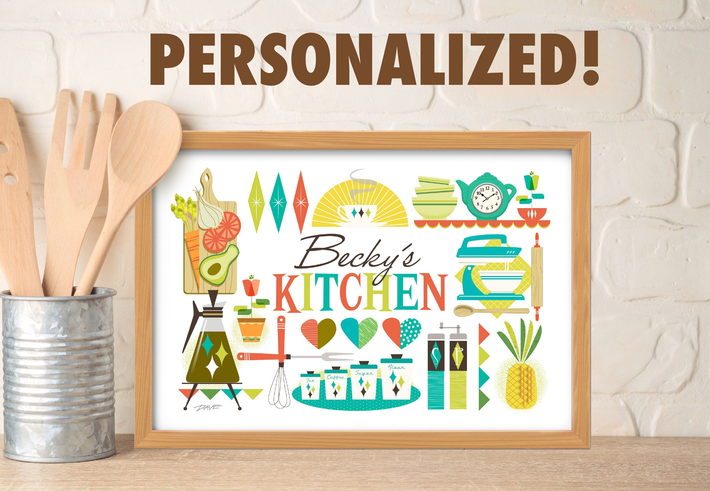 Personalized Kitchen Art Print, Mid Century Modern Wall Art, Mom Gift ...