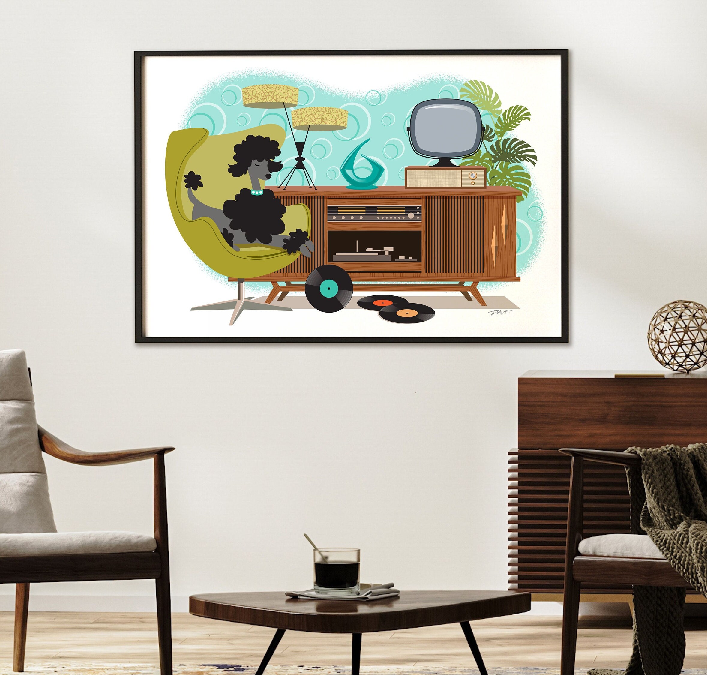 50s Poodle Art Mid Century Modern Vinyl Records Atomic Lamp MCM Console ...