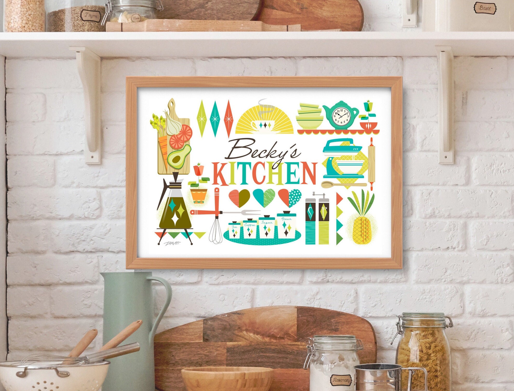 Personalized Kitchen Art Print, Mid Century Modern Wall Art, Mom Gift ...