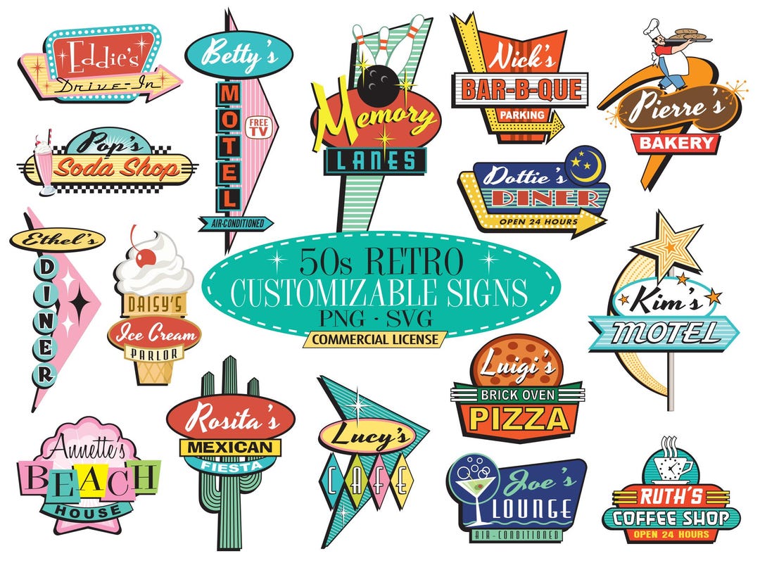Retro Custom Signs, Retro Signs Bundle, Mid-century Clipart, Printable ...