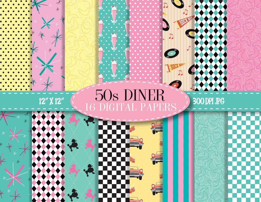 50s Diner Digital Paper, Scrapbooking and Craft Supplies, 45 Records ...