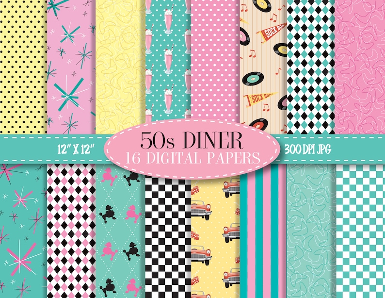 50s Diner Digital Paper, Scrapbooking and Craft Supplies, 45 Records ...