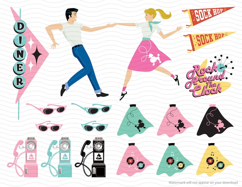 50s Diner Retro Clipart, 1950s Scrapbooking Kit, Mid Century Cars ...