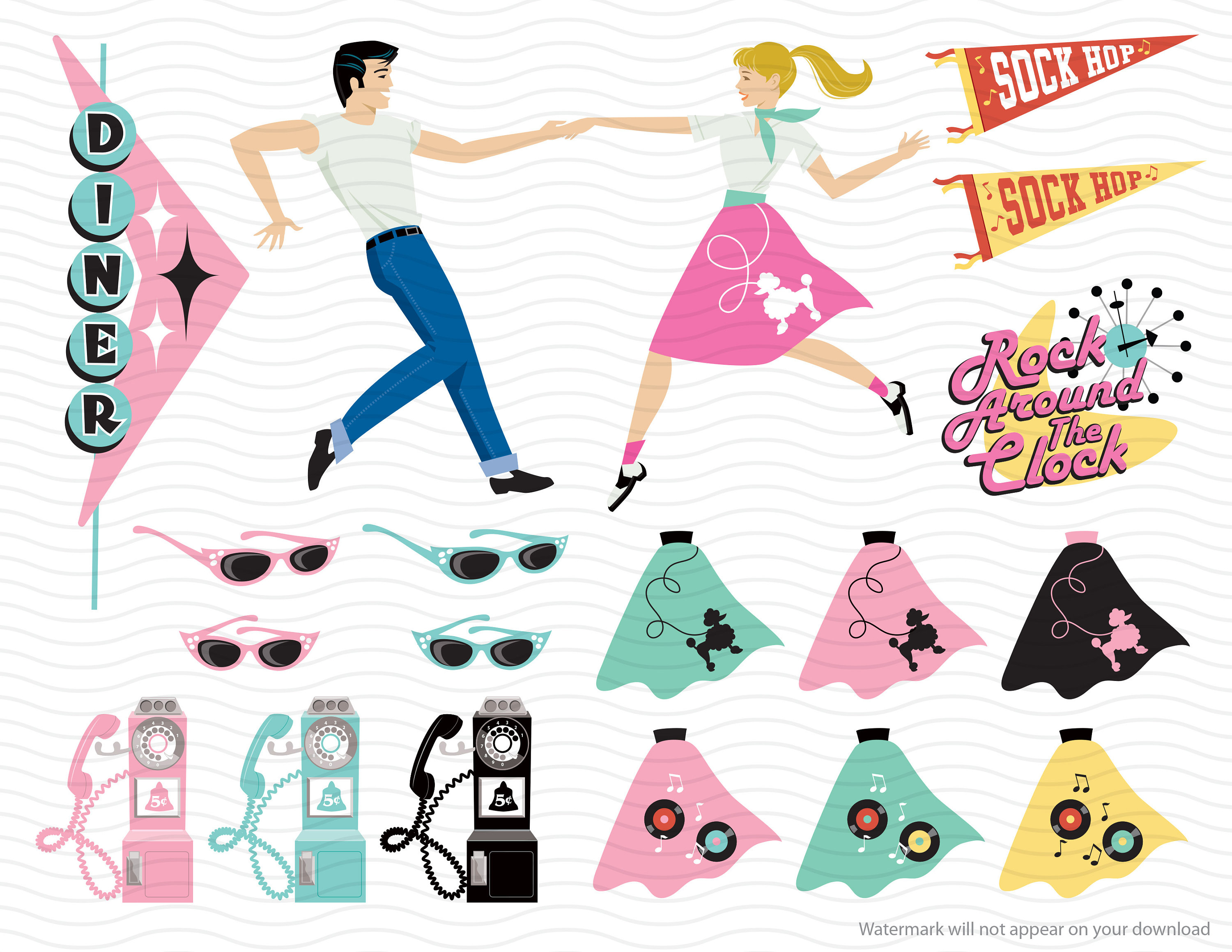 50s Diner Retro Clipart, 1950s Scrapbooking Kit, Mid Century Cars ...