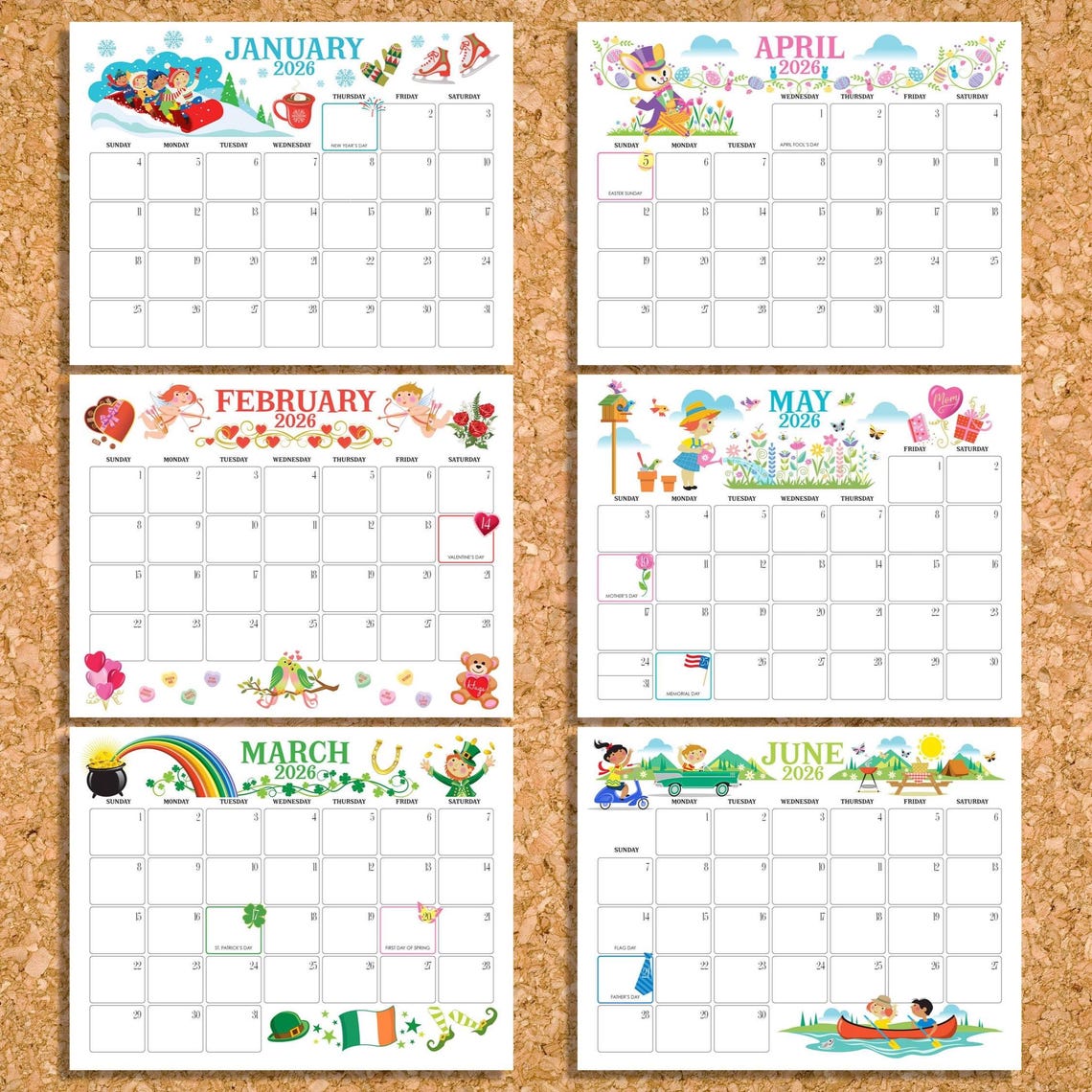 2026 Printable Kid’s Calendar, Student Monthly Planner, Illustrated Kid ...