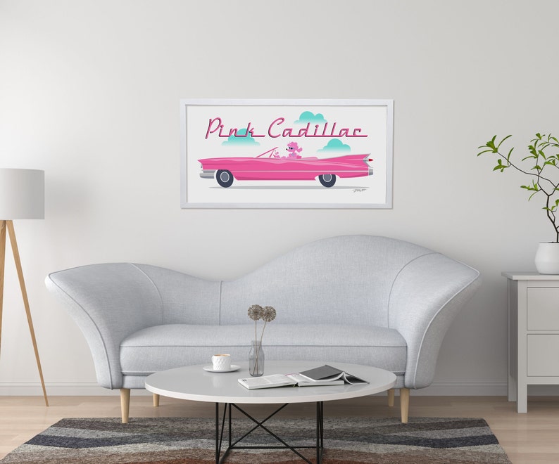 Pink Cadillac Wall Art, 50s Pink Poodle, Mid Century Modern Art Print ...