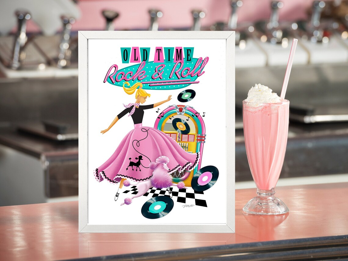 Old Time Rock & Roll Print 50s Retro Decor Mid Century Modern Art Music ...