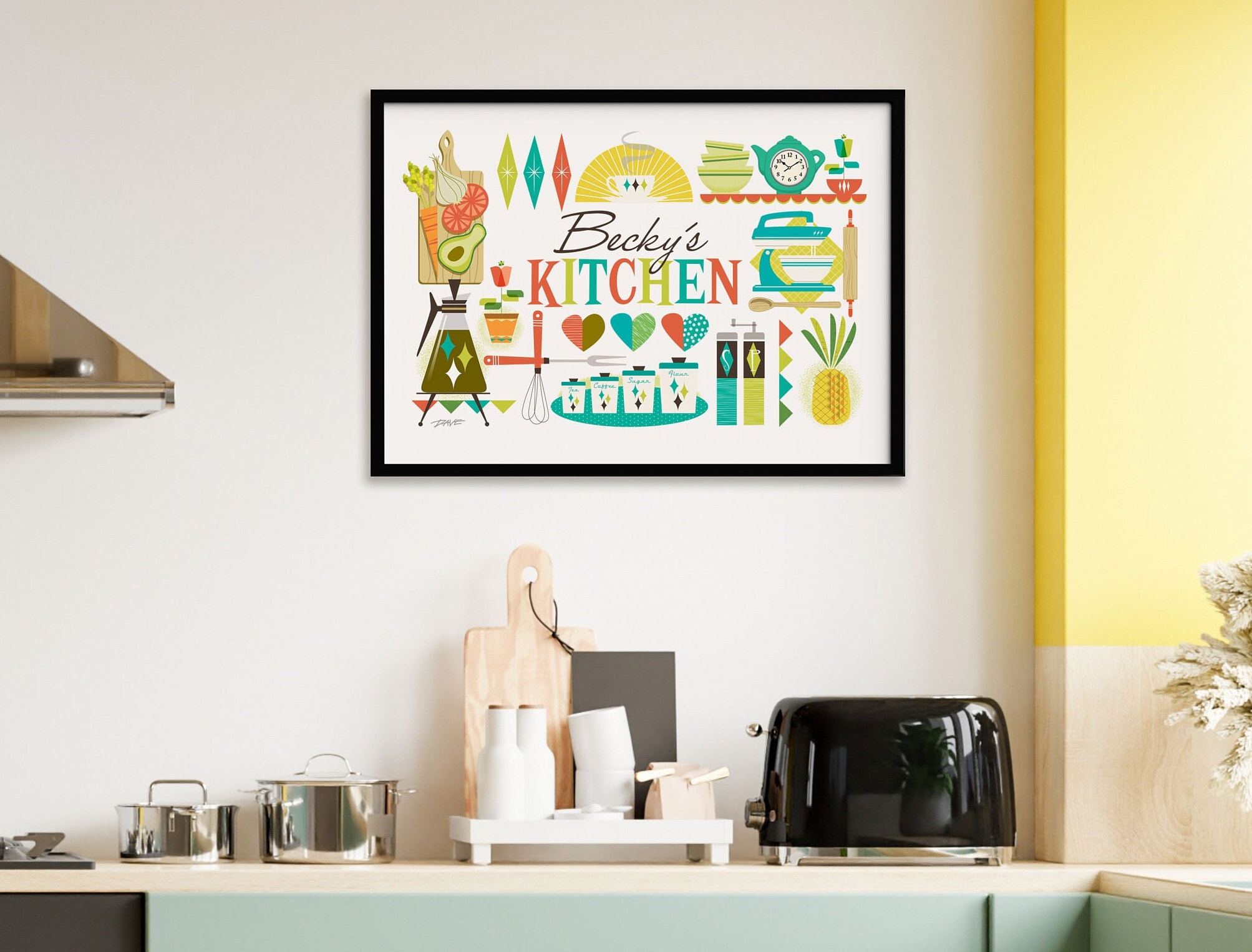 Personalized Kitchen Art Print, Mid Century Modern Wall Art, Mom Gift ...