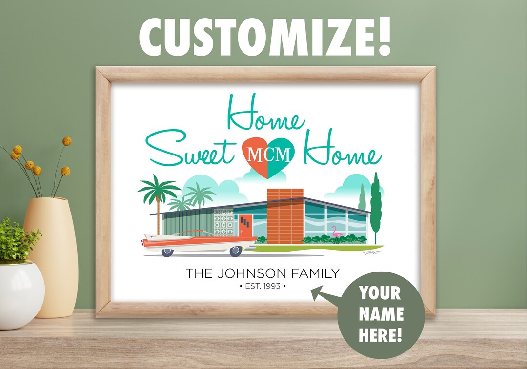 Custom Home Sweet Home Sign, Mid Century Modern Wall Art, Personalized ...