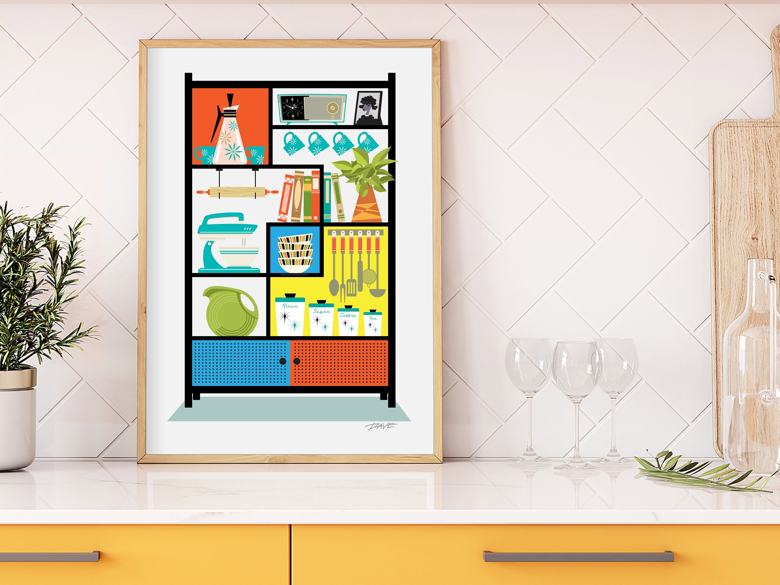 Mid Century Modern Kitchen Art | 50s Kitchen Cupboard | Gift for Cook ...