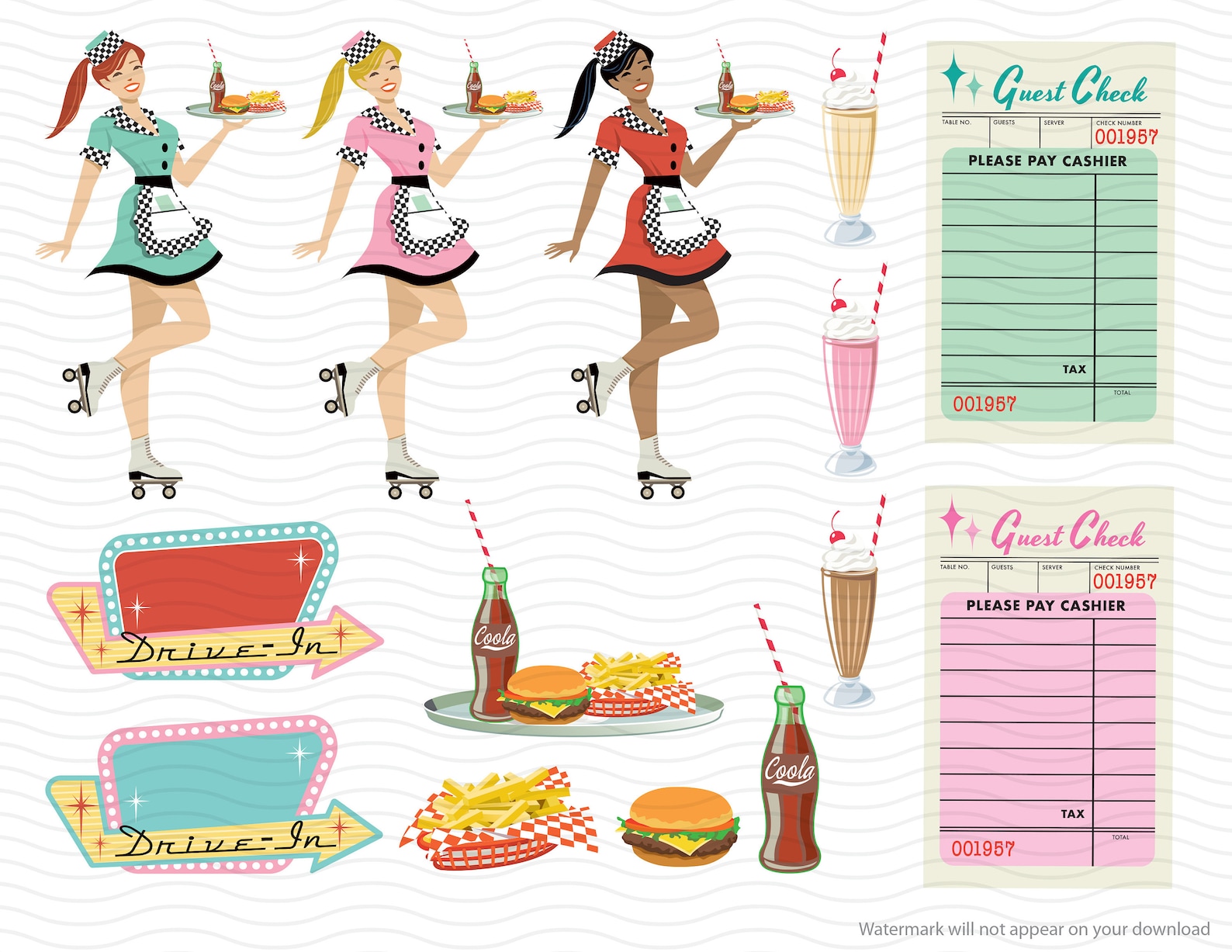 50s Diner Retro Clipart, 1950s Scrapbooking Kit, Mid Century Cars ...