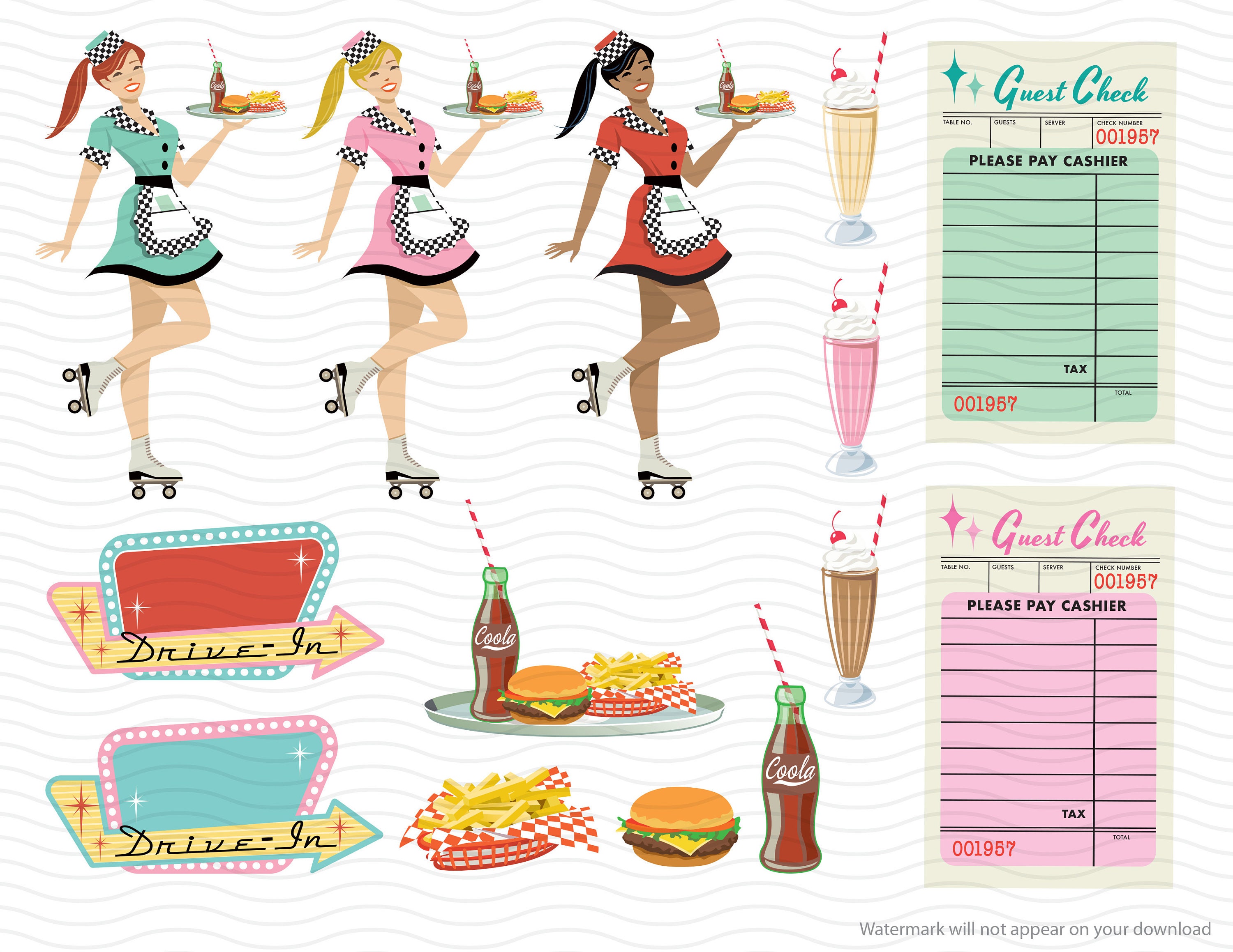 50s Diner Retro Clipart, 1950s Scrapbooking Kit, Mid Century Cars ...