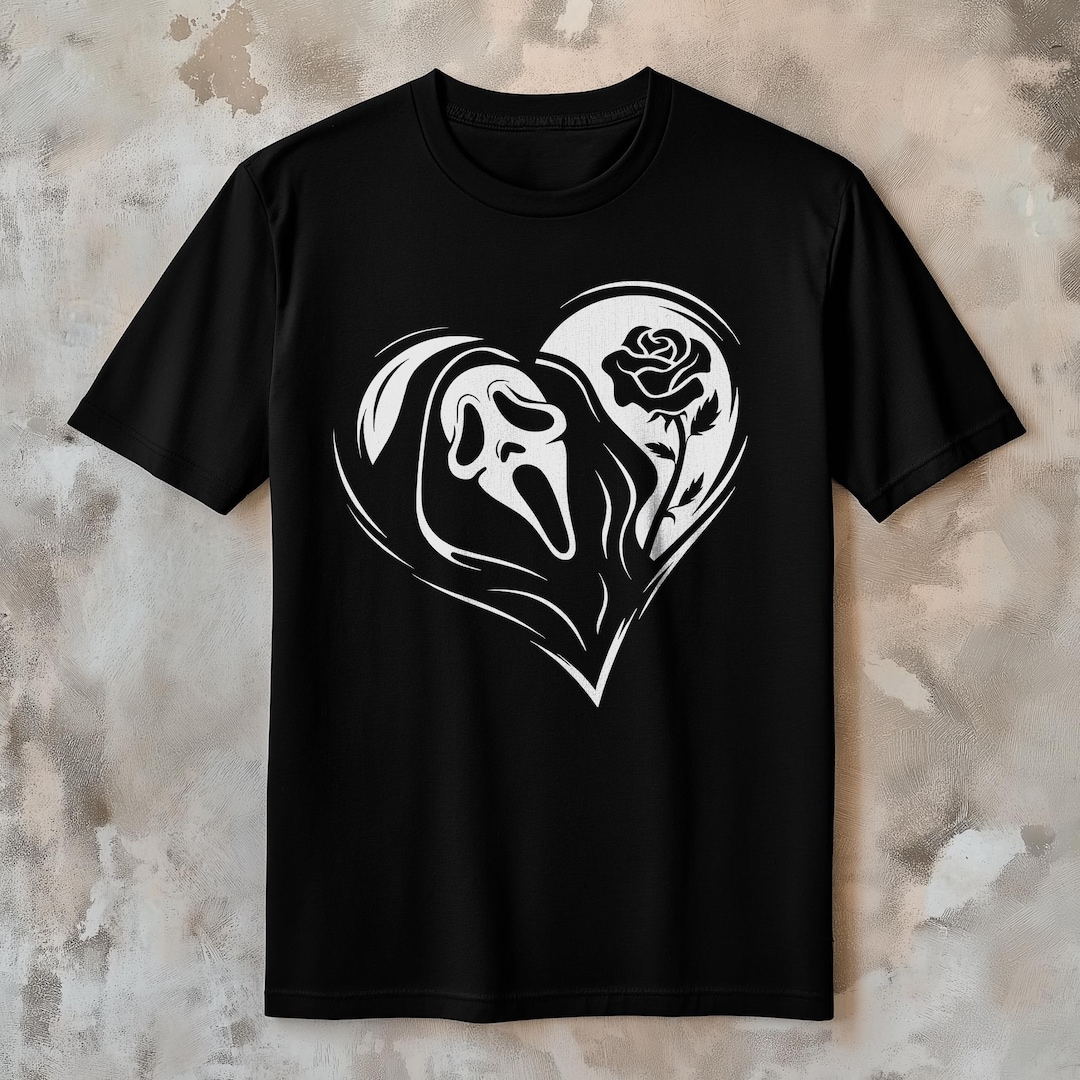 Ghostface Horror Heart With Gothic Rose Black and White Art Halloween T ...
