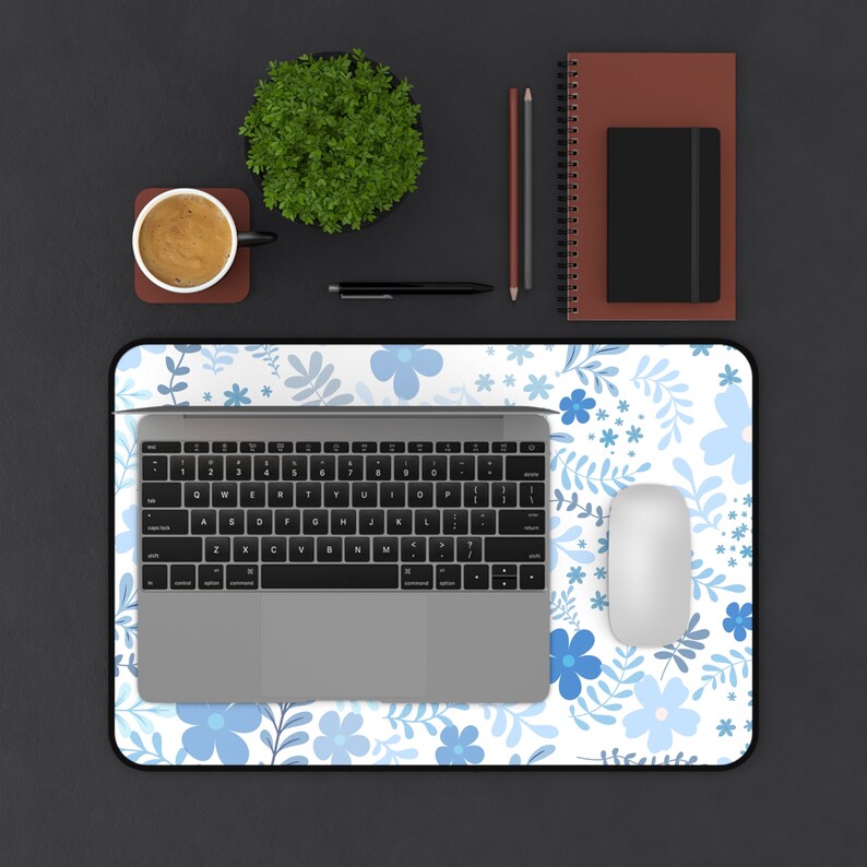 Blue Floral Desk Mat, Computer Desk Mat, Office Home Accessory, Blue ...