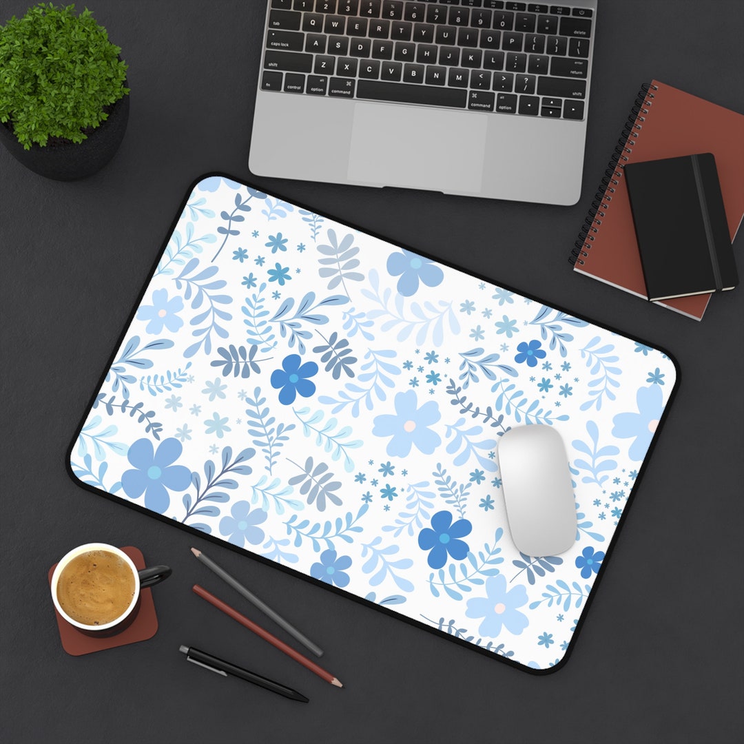 Blue Floral Desk Mat, Computer Desk Mat, Office Home Accessory, Blue ...