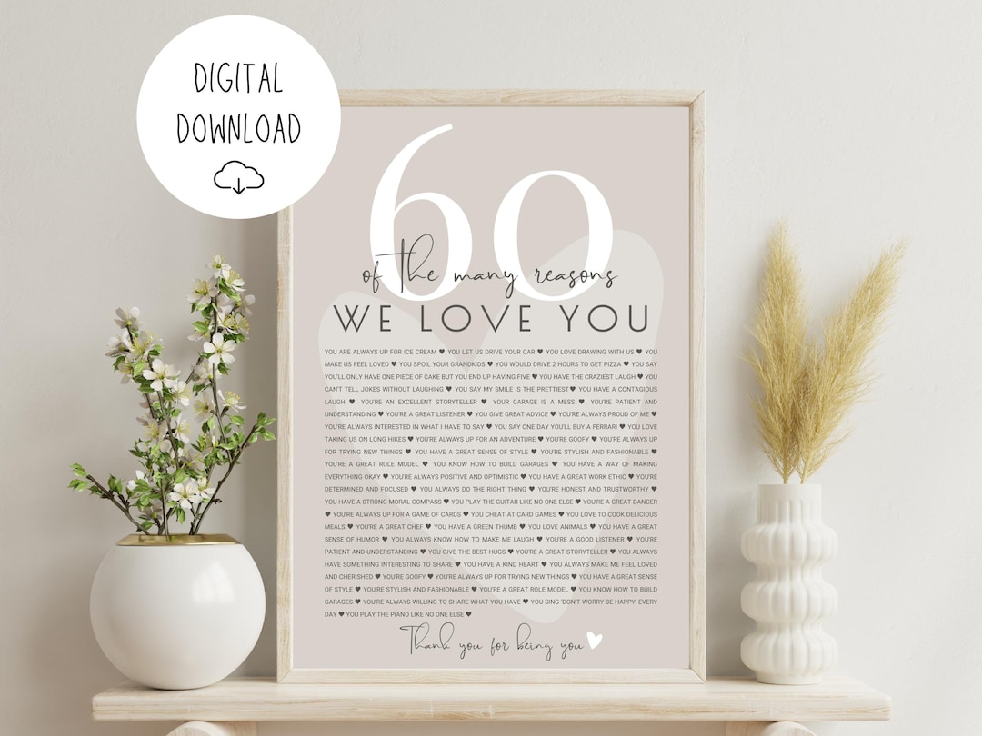 60 Reasons We Love You Poster - Personalized 60th Birthday Gift for Her ...