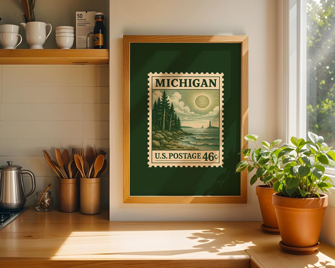 Michigan Vintage Postage Stamp Poster: Retro Travel Print, Great Lakes ...