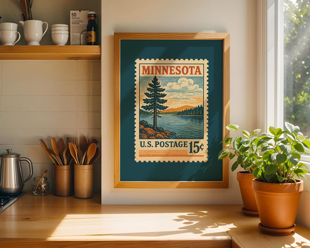 Minnesota Vintage Postage Stamp Poster: Retro Travel Print, North Woods ...