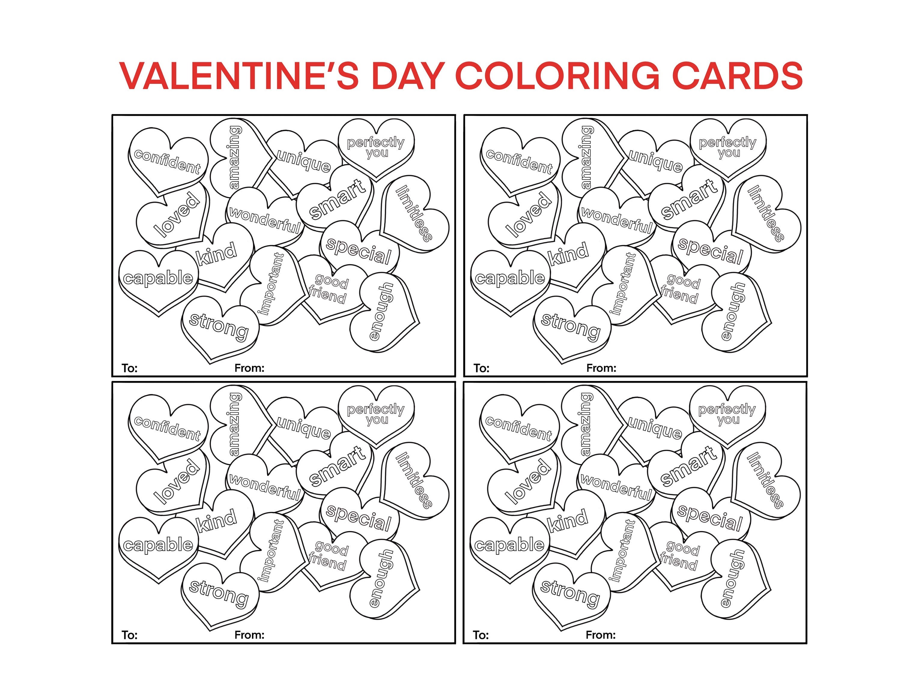 Print at Home Coloring Valentine's Cards, Positive Affirmation ...