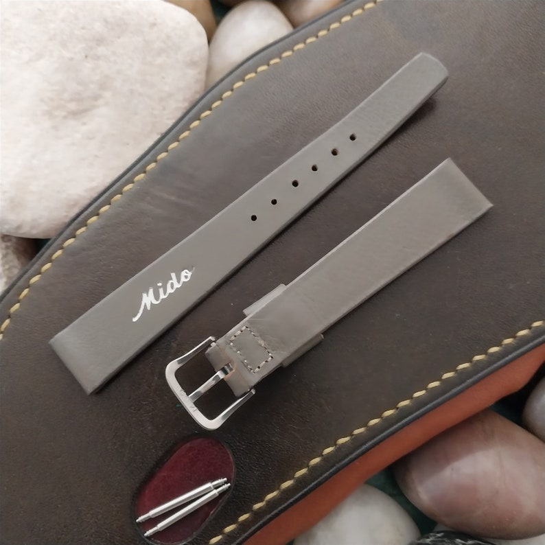 Mido 1960s-1970s 5/8" Gray Calf & Logo Buckle Tapered Unused Vintage ...