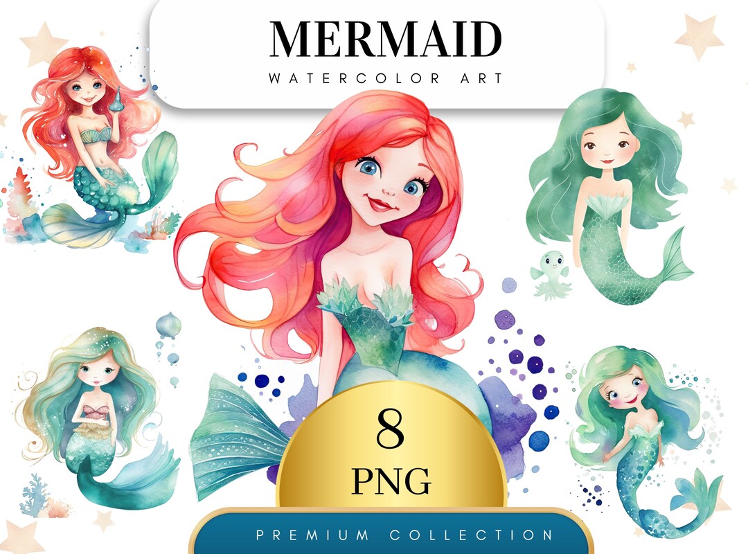 Set of 8, Watercolor Mermaid Clip Art, Mermaid Png, Watercolor Mermaid ...