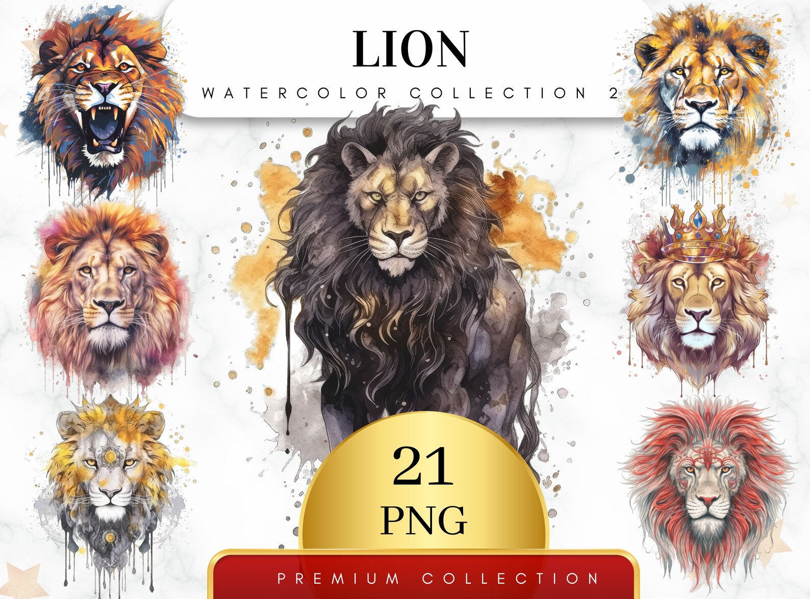 Set of 21, Watercolor Lion Clipart, Lion PNG, Boho Lion Set, Watercolor ...