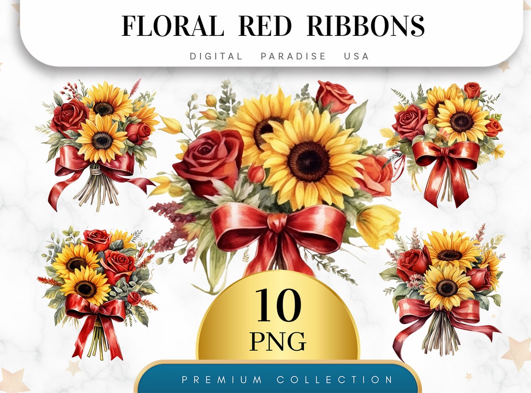 Set of 10, Floral Red Ribbons Clipart, Red Ribbon Bundle, Scrapbook ...