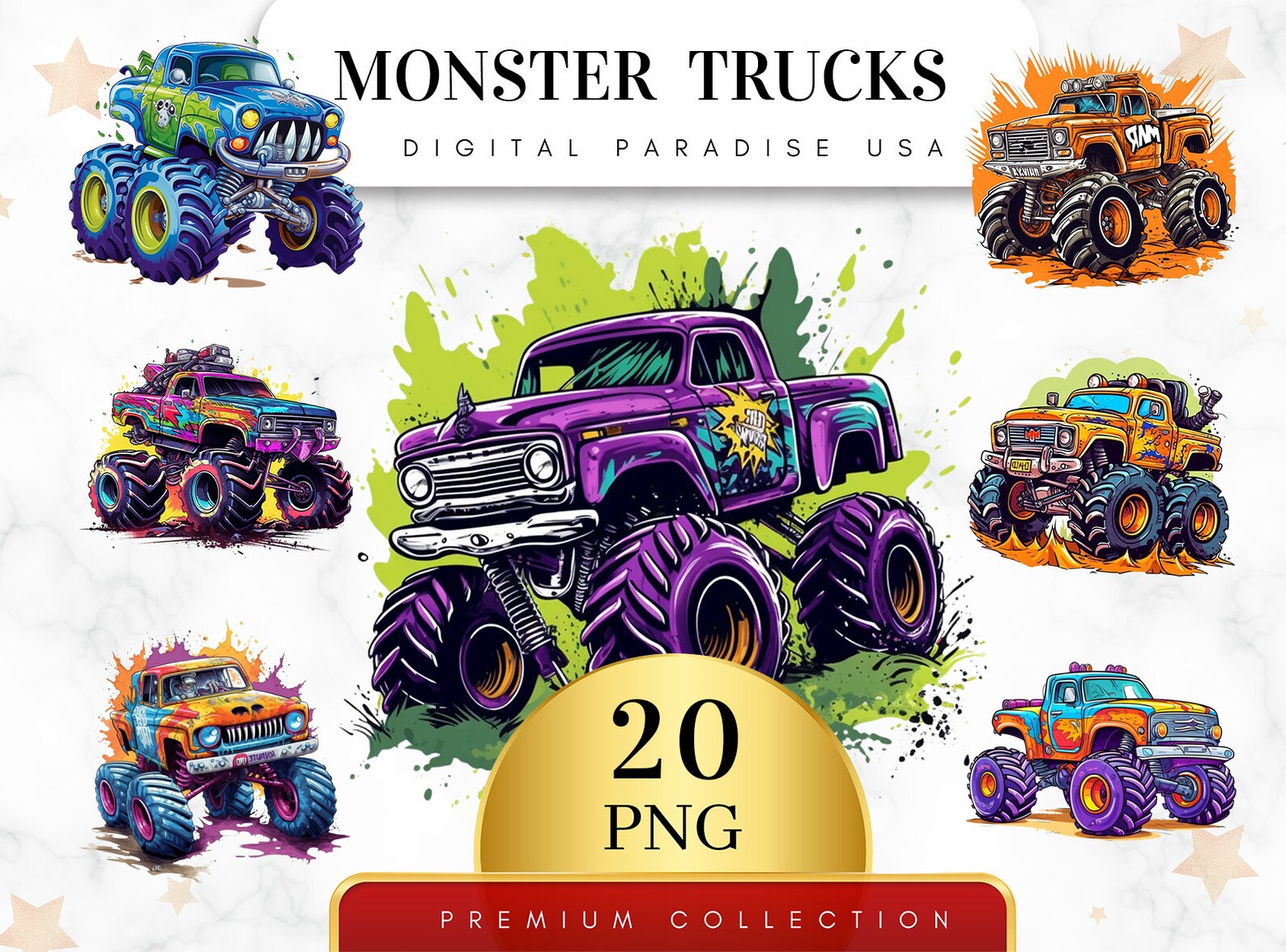 Set of 20, Monster Trucks Clipart, Monster Trucks PNG, Watercolor ...