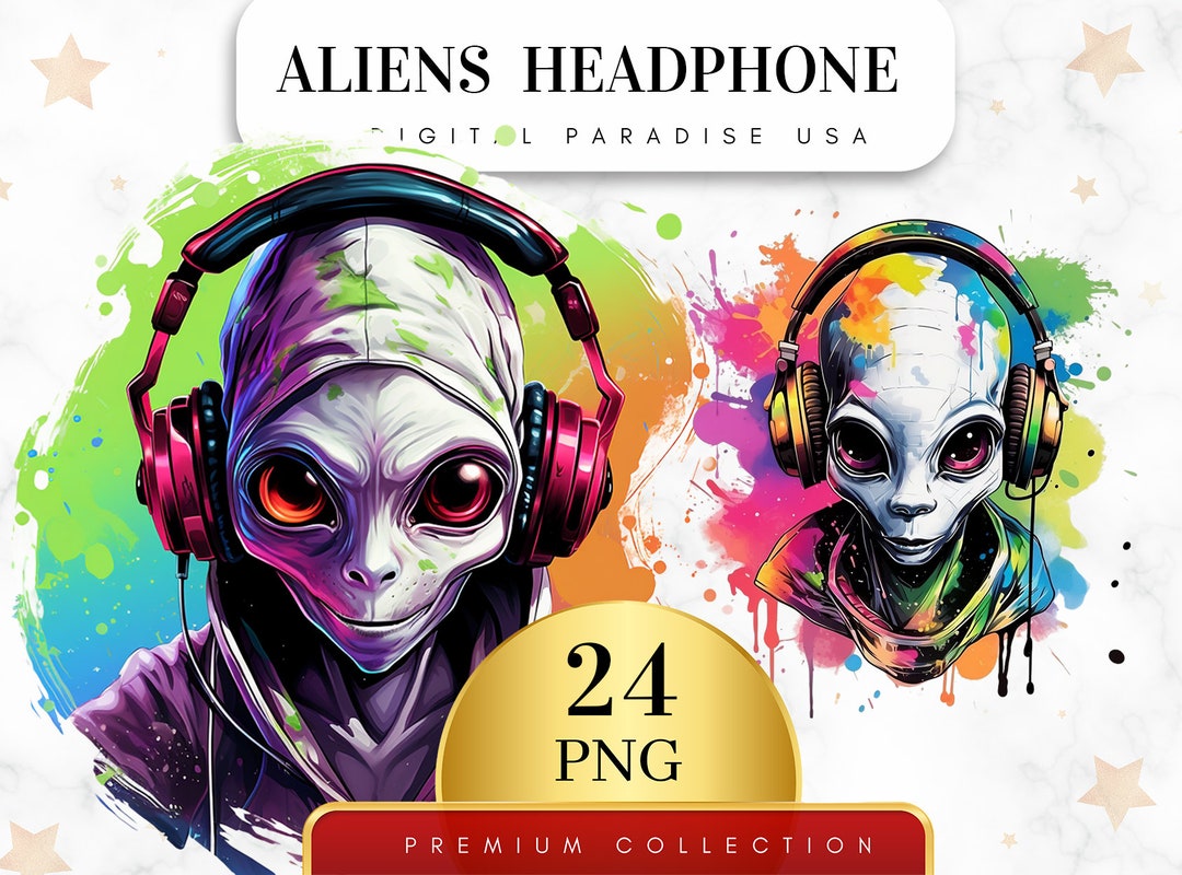 Set of 24, Aliens Headphones Clipart, Aliens Clipart, Aliens PNG, Space ...