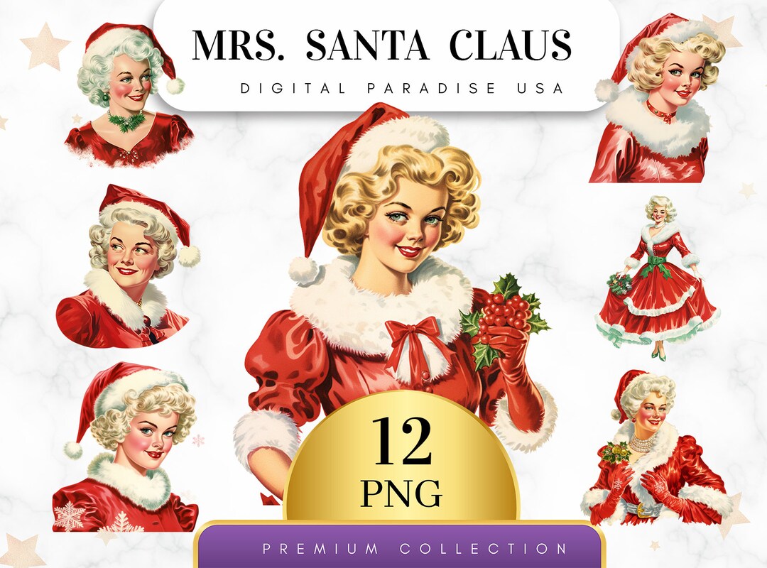 Set of 12, Mrs. Santa Claus Clipart, Santa Claus PNG, Watercolor Santa ...