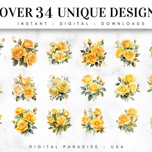 Set of 34, Watercolor Yellow Roses Clipart, Rose PNG, Floral Clipart ...