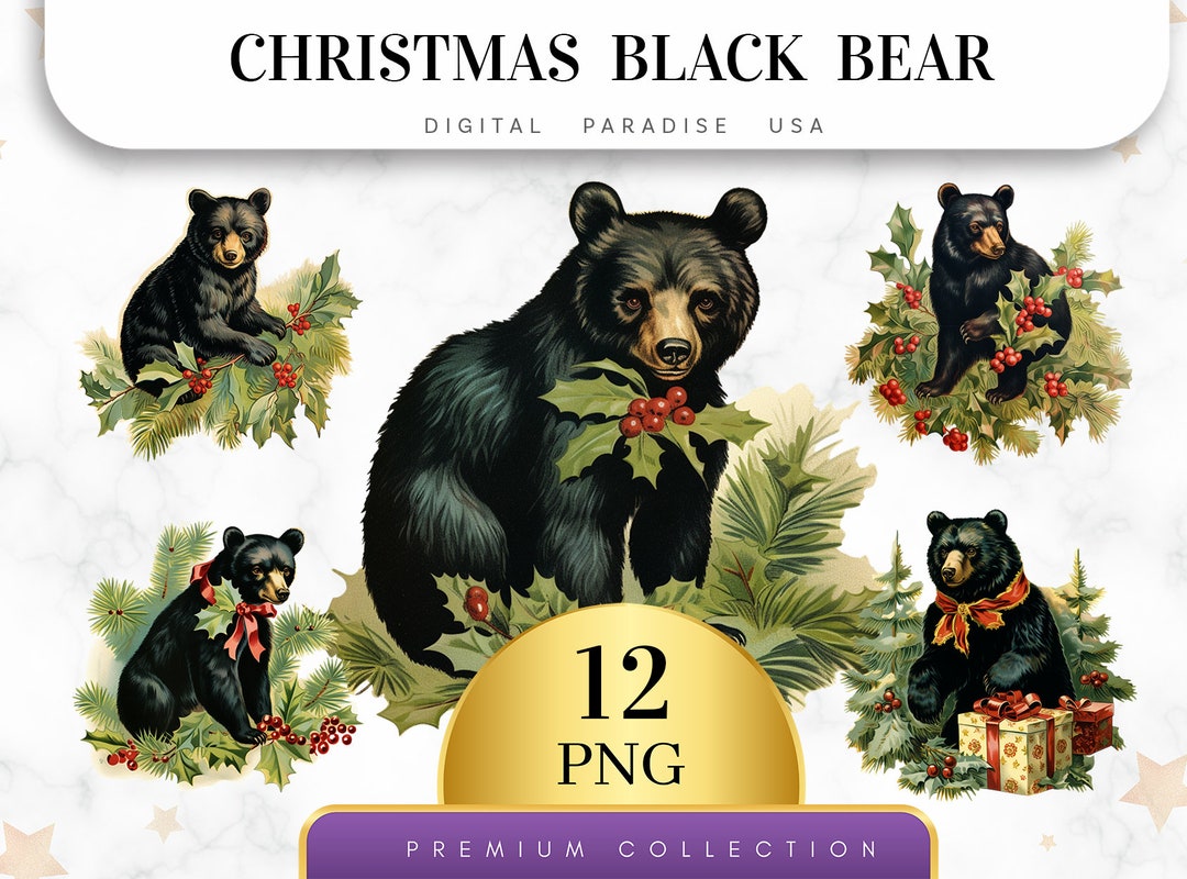Set of 12, Christmas Black Bear Clipart, Bear Black PNG, Winter Clipart ...
