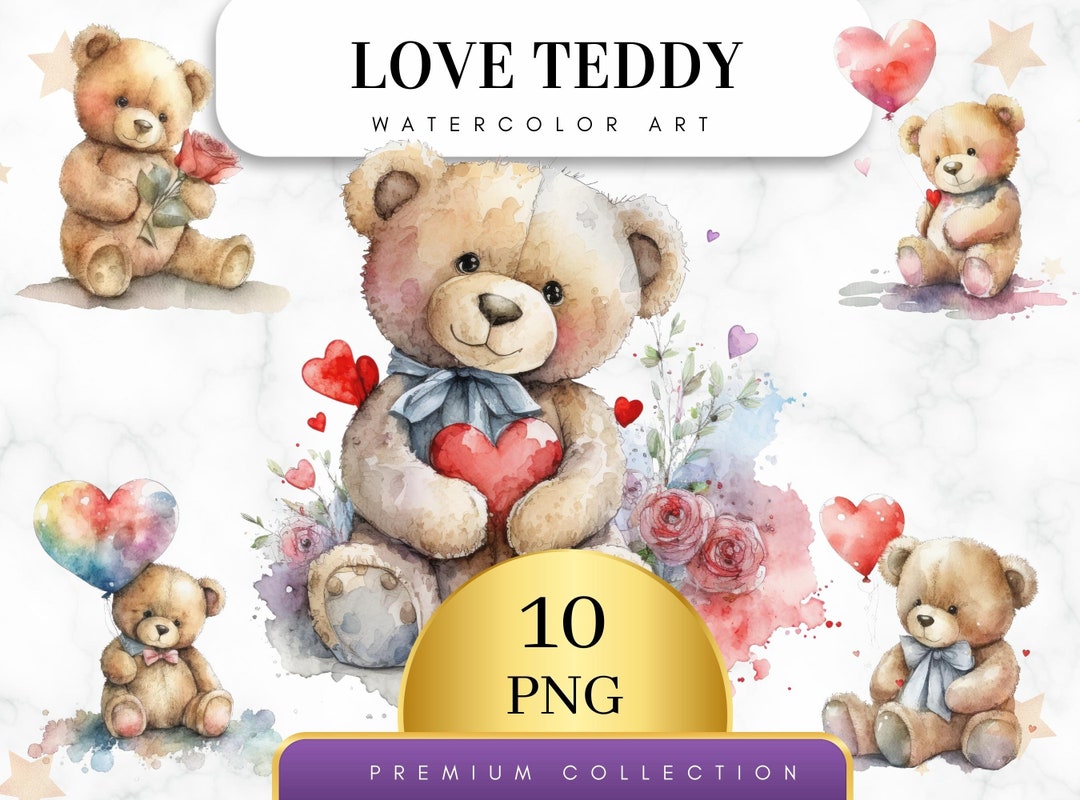 Set of 10, Watercolor Teddy Bears in Love, Teddy Bear PNG, Nursery Art ...