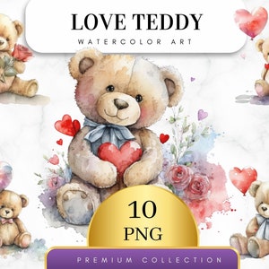 Set of 10, Watercolor Teddy Bears in Love, Teddy Bear PNG, Nursery Art ...
