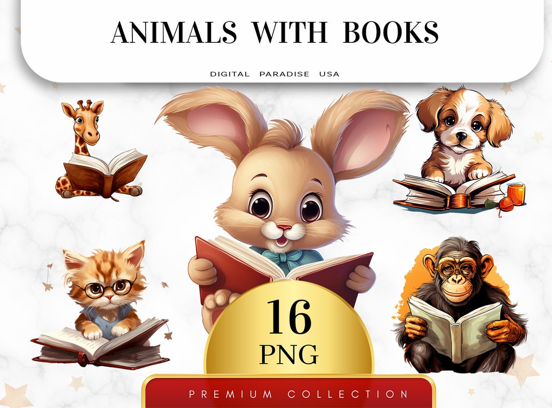 Set of 16, Animals With Books Clipart, Animal Reading Books, Book Lover ...