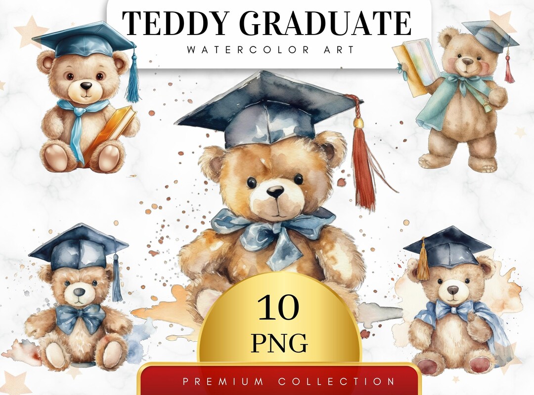 Set of 10, Watercolor Teddy Graduate, Teddy Bear PNG, Nursery Clip Art ...