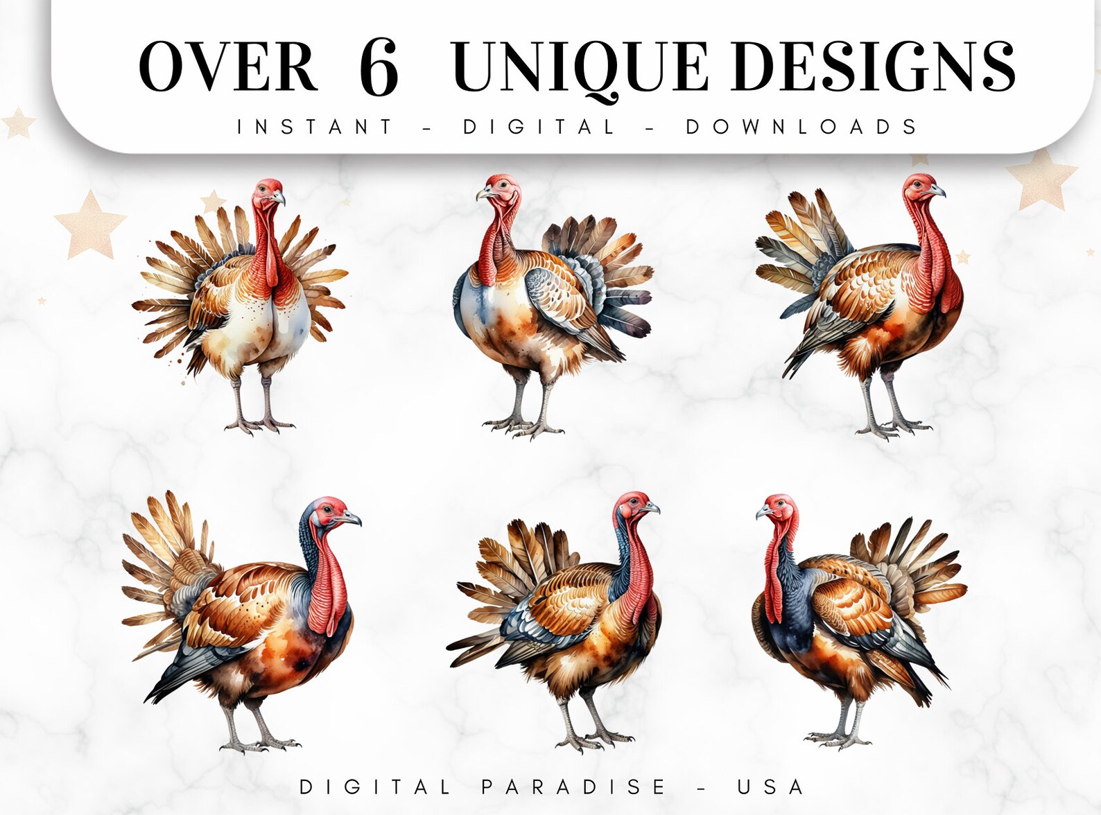 Set of 6, Watercolor Turkey Art, Thanksgiving Clipart, Fall Bird ...
