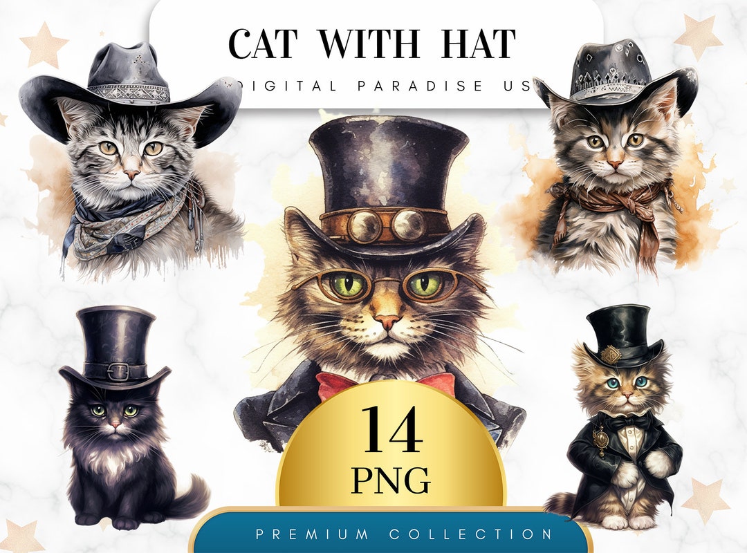 Set of 14, Cat With Hat Clipart, Cat Clipart, Cat PNG, Cat Sublimation ...