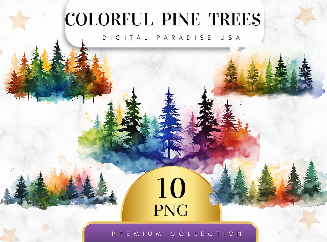 Set of 10, Colorful Pine Trees Clipart, Pine Tree Png , Woodland Tree ...