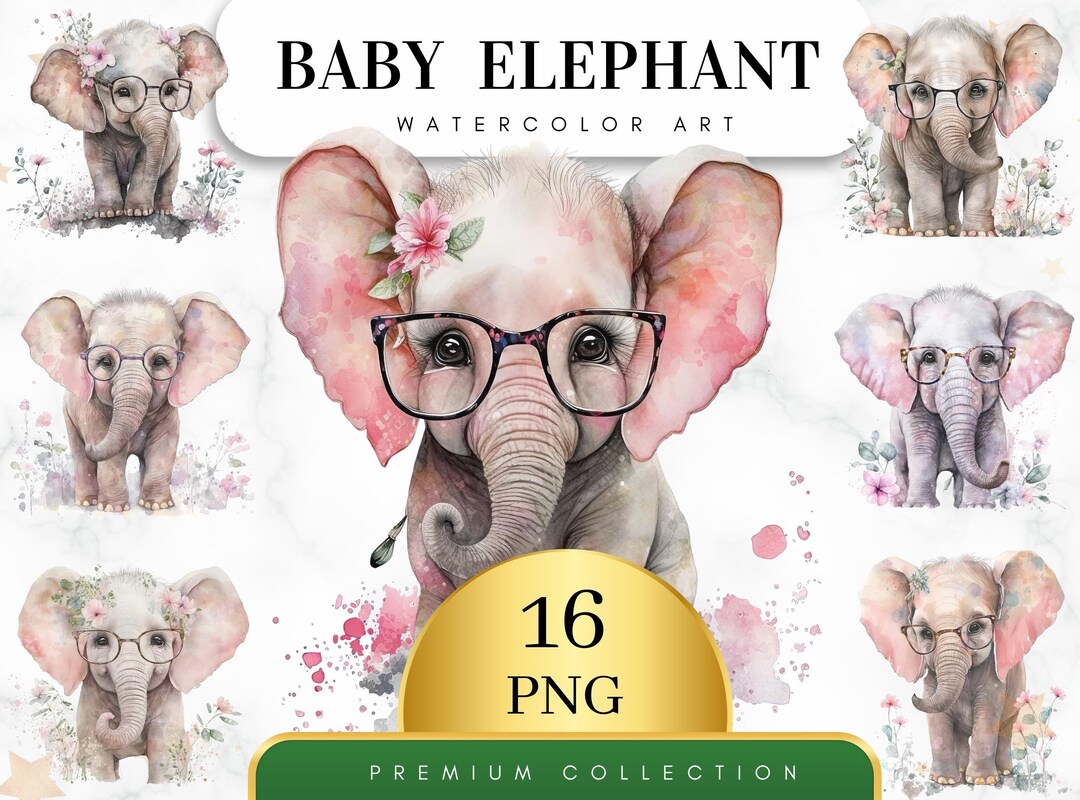 Set of 16, Watercolor Pink Baby Elephant, Baby Shower Clipart, Elephant ...